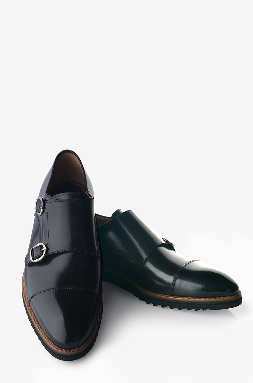David August Leather Double Buckle Monk-Strap Shoes in Dark Black Nero ...